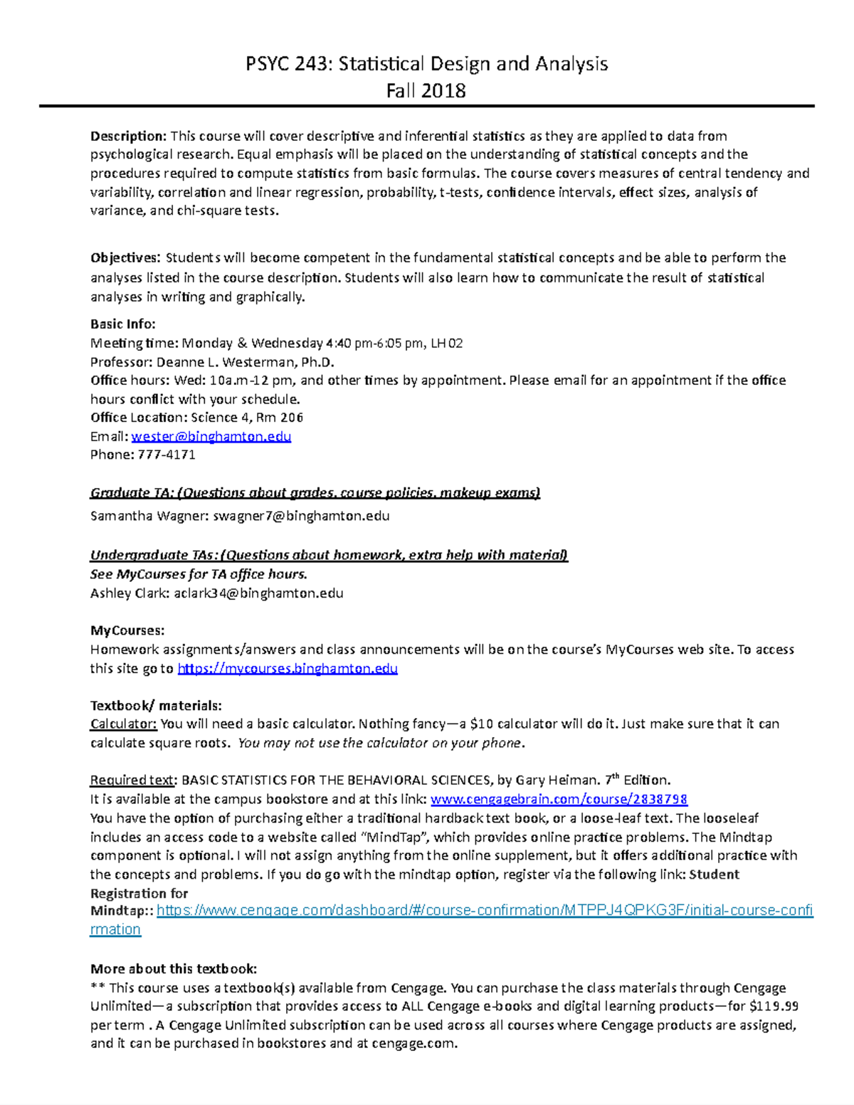 Psyc 243 Stats Syllabus Fall 2018 - PSYC 243: Stascal Design and ...