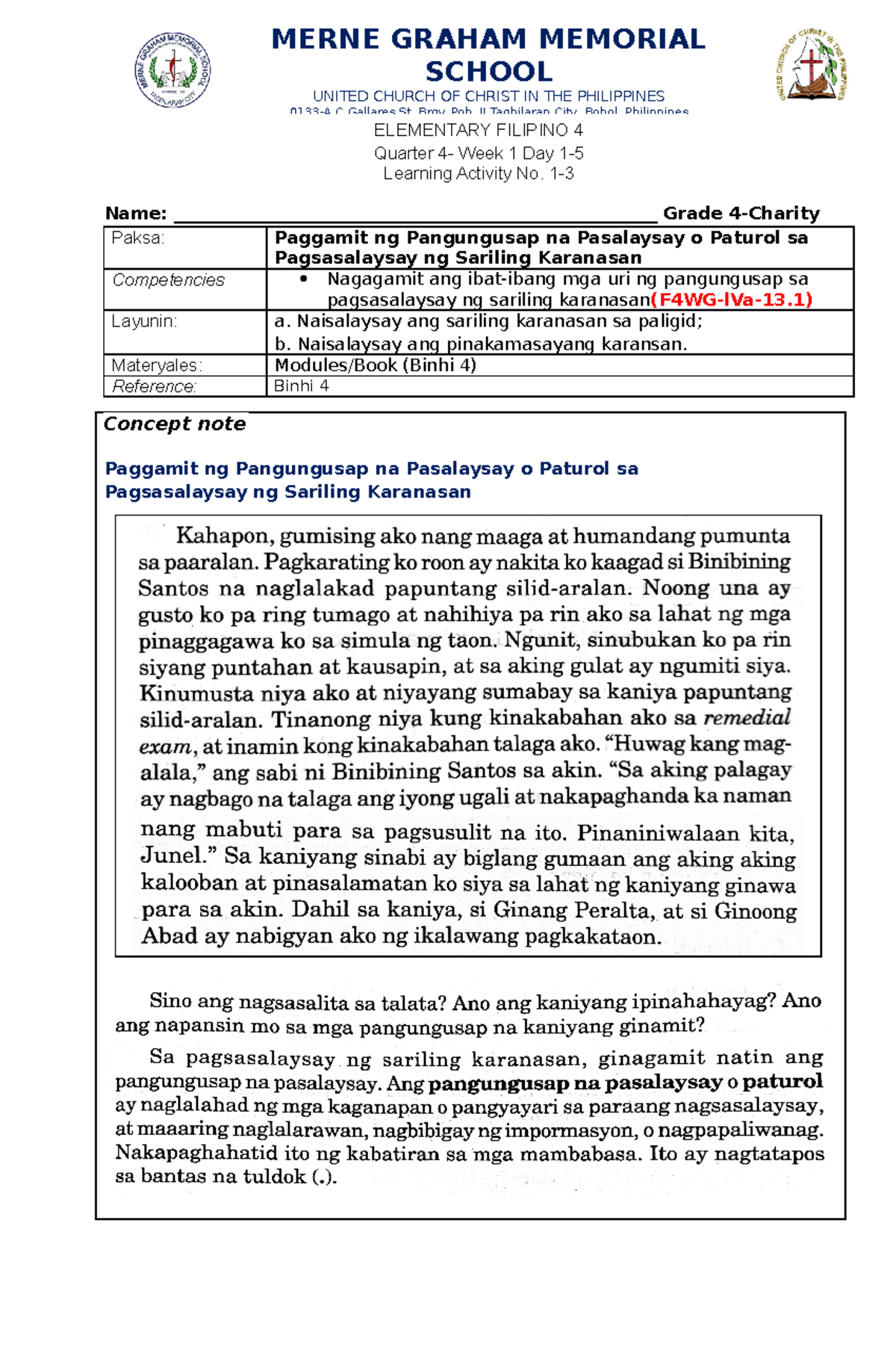 Filipino 4 Q4-w1 - MNdwD - ELEMENTARY FILIPINO 4 Quarter 4- Week 1 Day 1- Learning Activity No ...