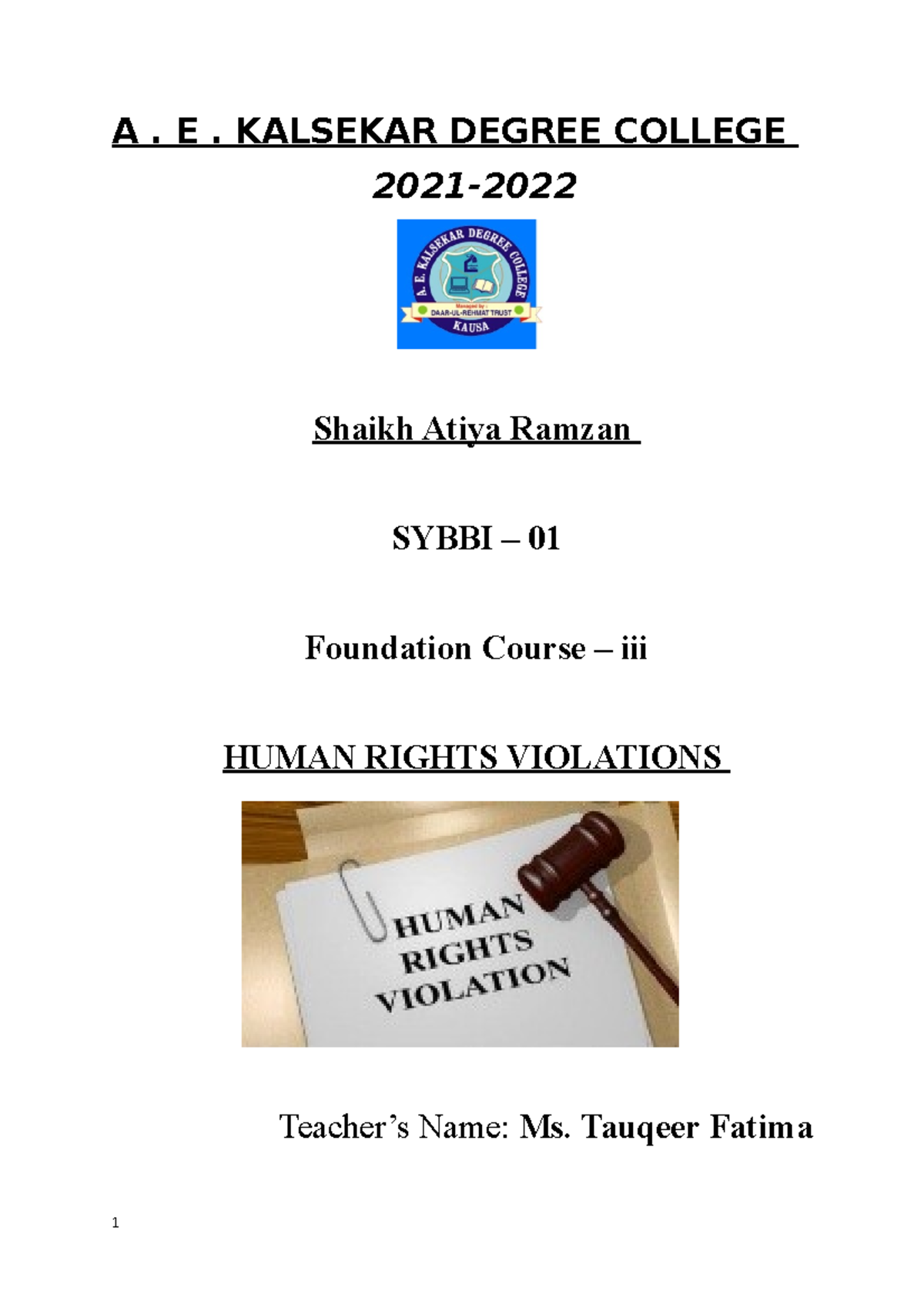 Project on Human Rights Violations - A. E. KALSEKAR DEGREE COLLEGE 2021 ...