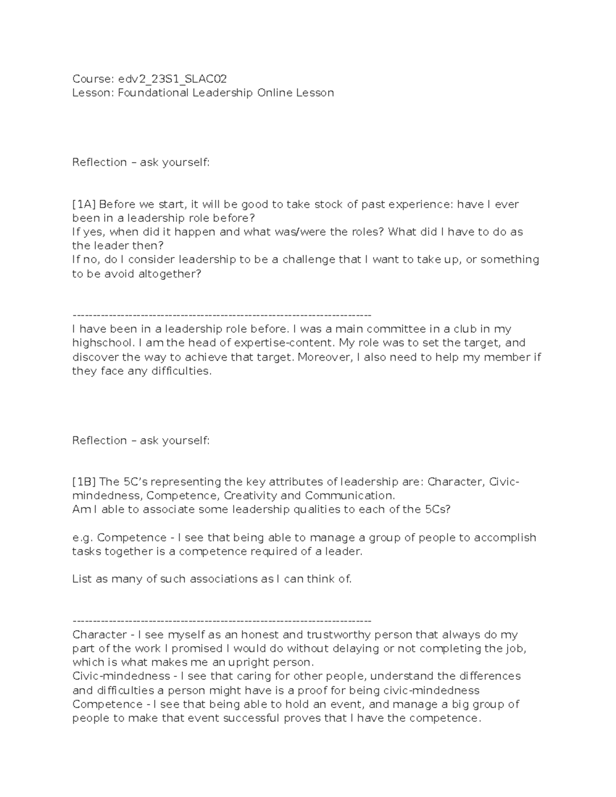 My reflection - Course: edv2_23S1_SLAC Lesson: Foundational Leadership Online Lesson Reflection ...