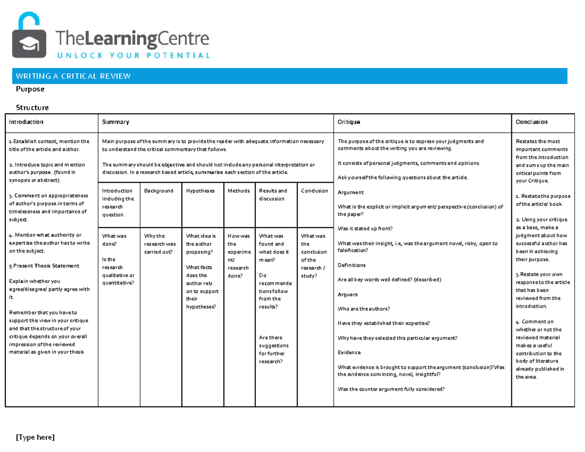 How to write a critical review - [Type here] WRITING A CRITICAL REVIEW ...