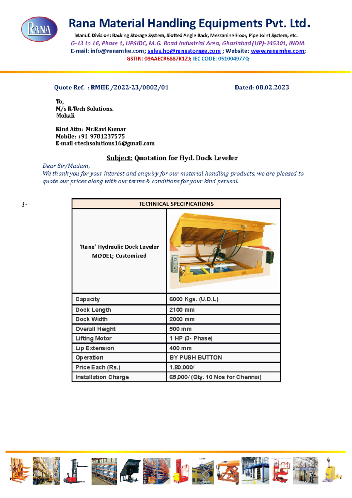 RANA MHE - Quote -R-TECH Solutions - Manuf. Division: Racking Storage ...