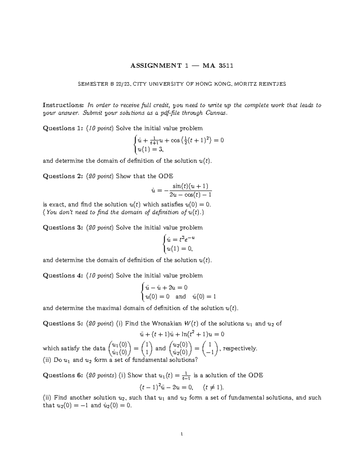Assignment 1 - ASSIGNMENT 1 — MA 3511 SEMESTER B 22/23, CITY UNIVERSITY OF HONG KONG, MORITZ ...