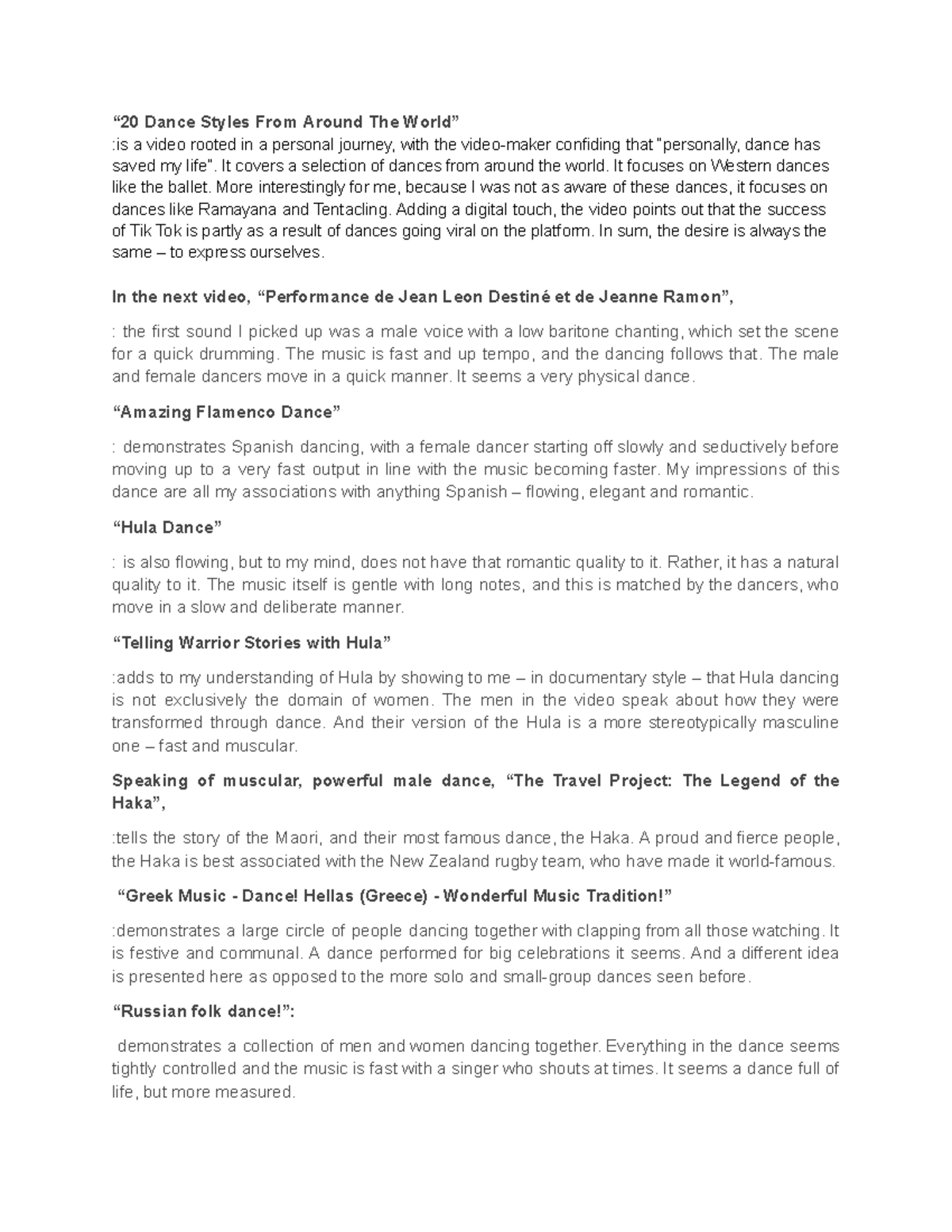 Dance Video Critique - “20 Dance Styles From Around The World” :is a ...