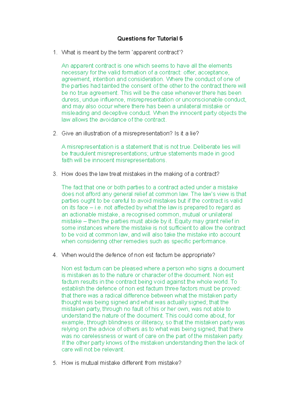 week 5 tutorial questions and solutions - Questions for Tutorial 5 What ...