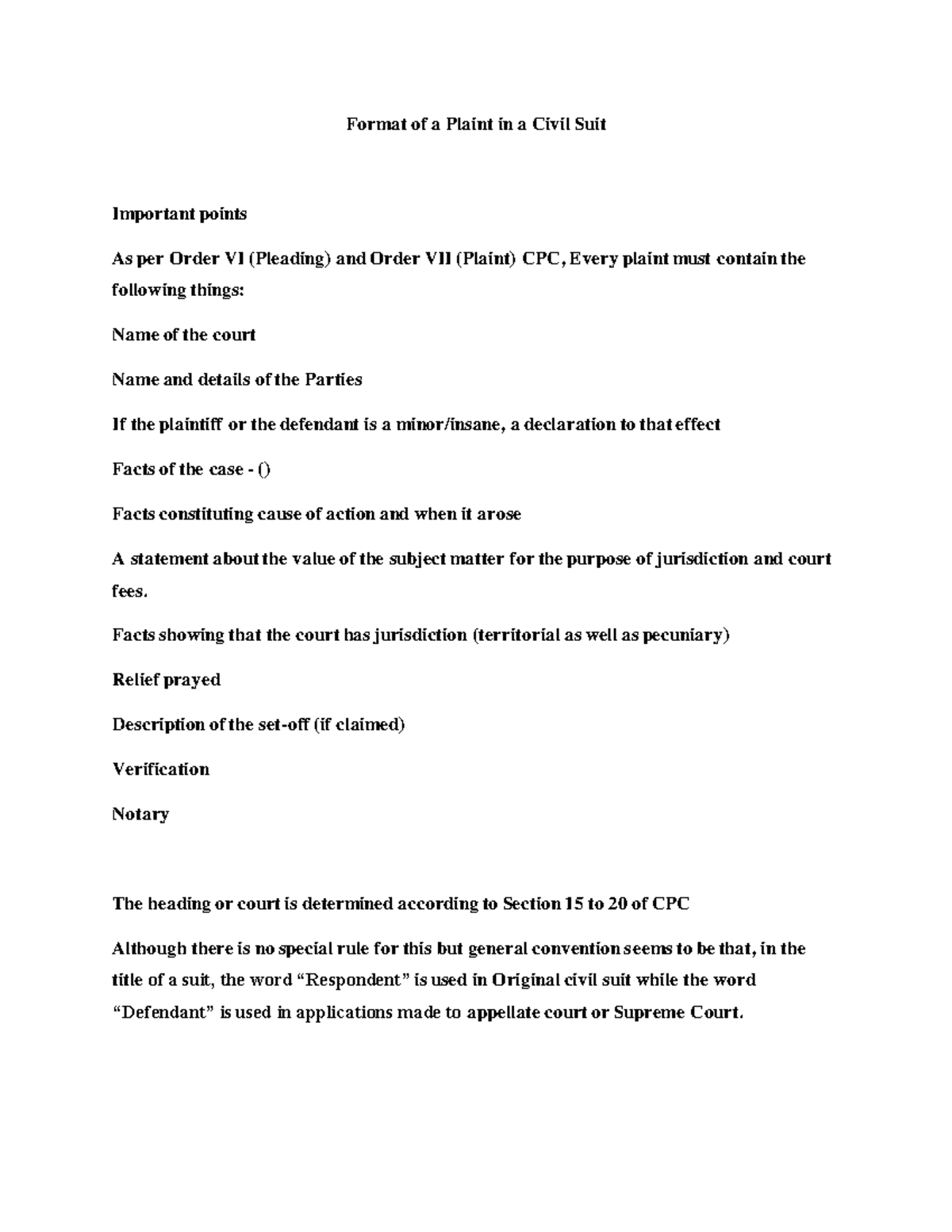479463011 Format of a Plaint in a Civil Suit Drafting - Format of a ...