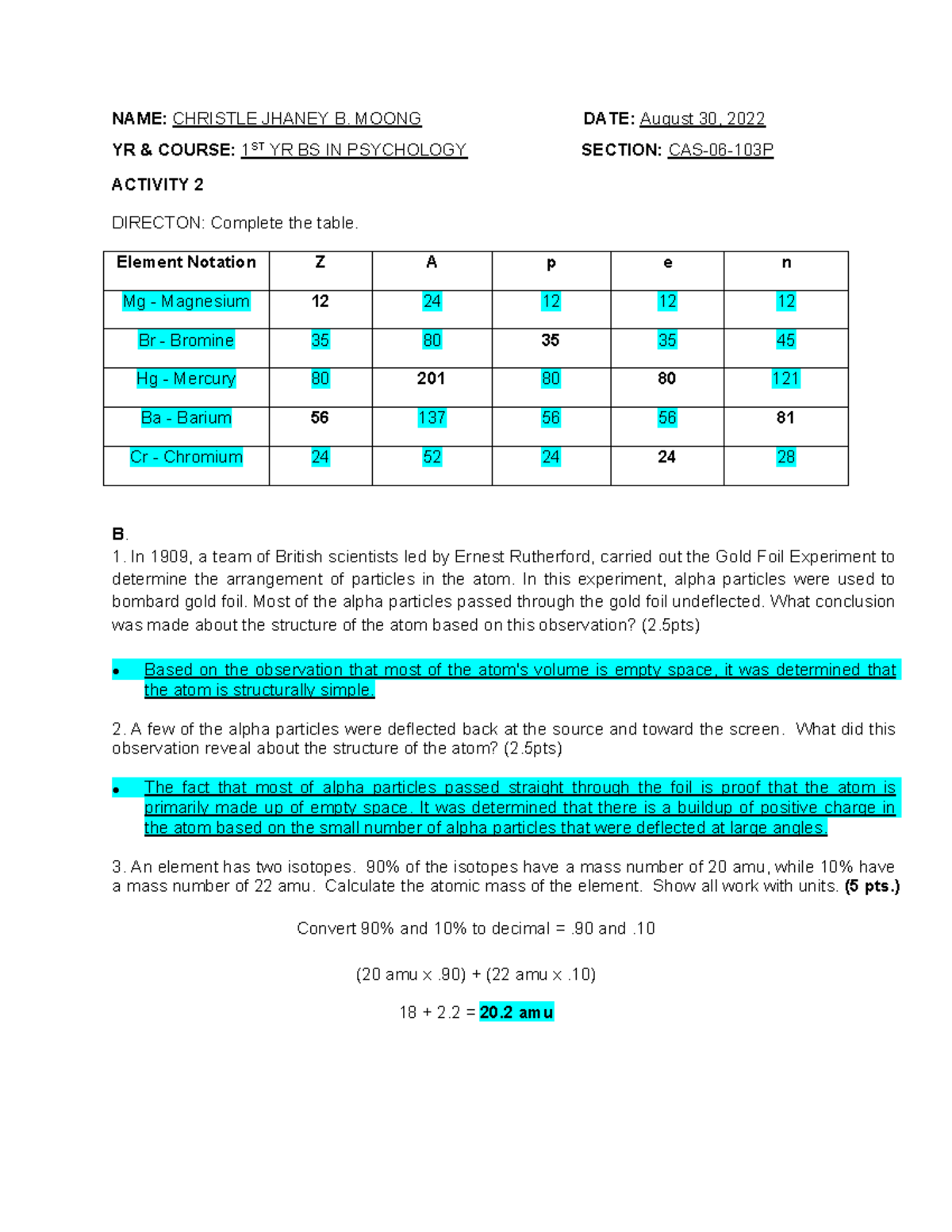 Moong Activity 2 Atomic Structure - NAME: CHRISTLE JHANEY B. MOONG DATE ...