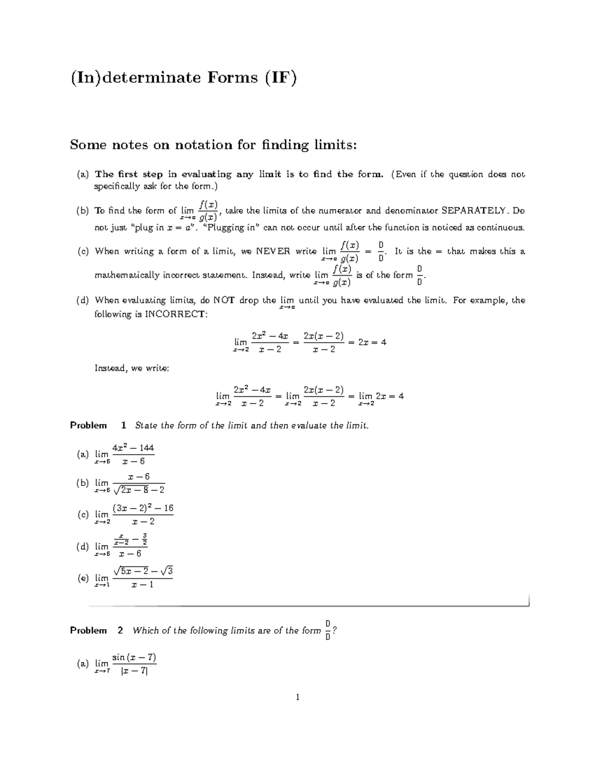Indeterminate Forms - practice - (In)determinate Forms (IF) Some notes ...