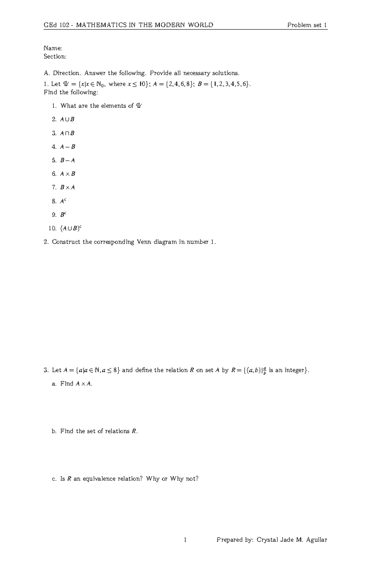 MMW Pset 1 - Problem Set - GEd 102 - MATHEMATICS IN THE MODERN WORLD ...