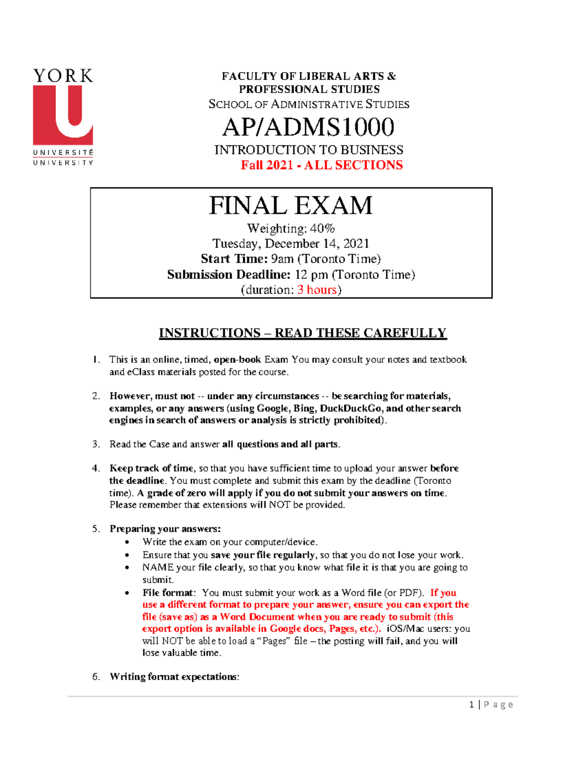 ADMS 1000 F21 Final Exam questions – Dec 2021 - FACULTY OF LIBERAL ARTS ...