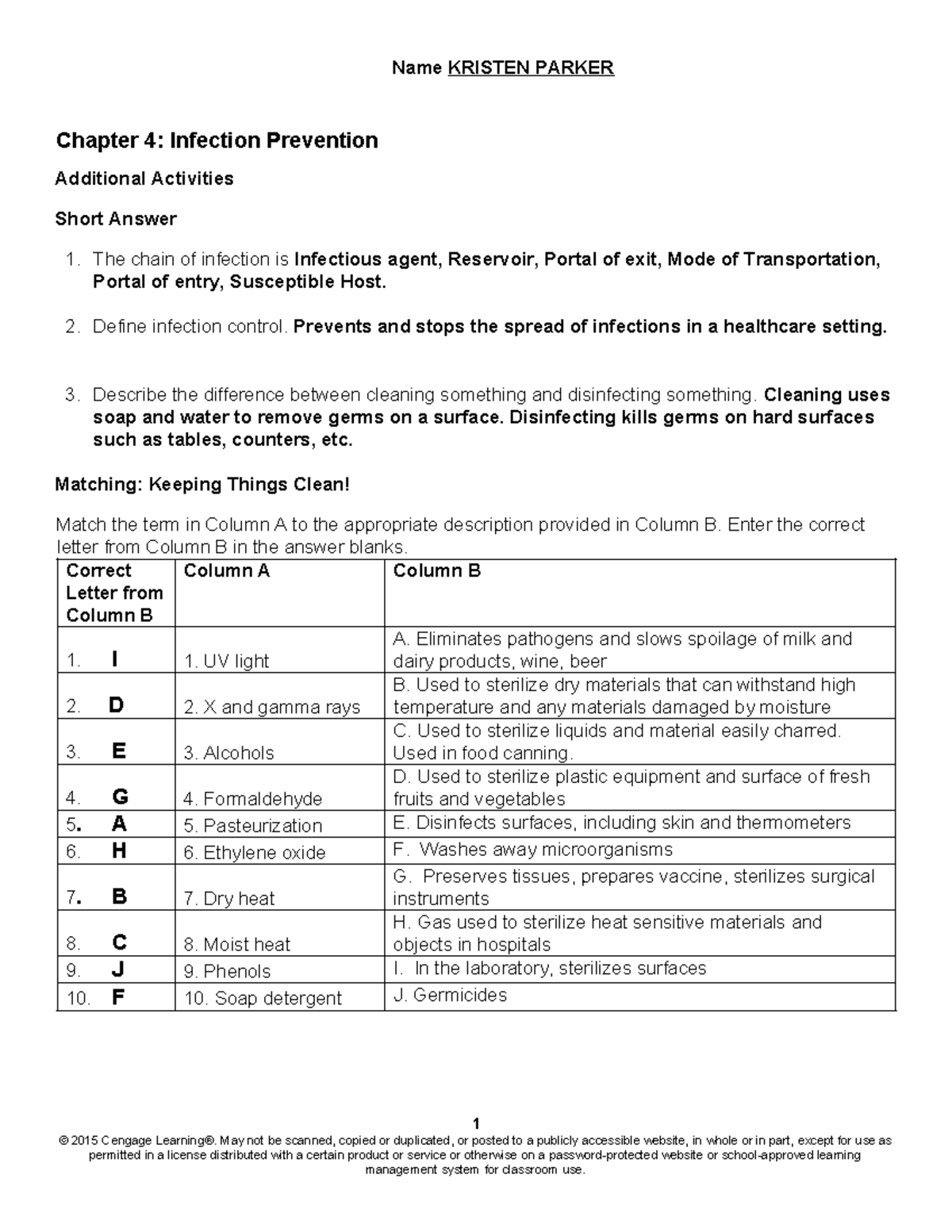 Chapter 4 Worksheet - Name KRISTEN PARKER Chapter 4: Infection ...