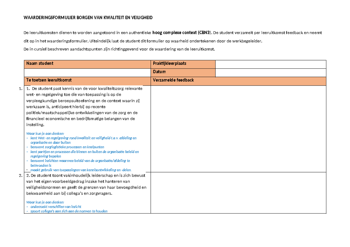 Waarderingsformulier Borging van kwaliteit en veiligheid 2022 - WAARDERINGSFORMULIER BORGEN VAN ...