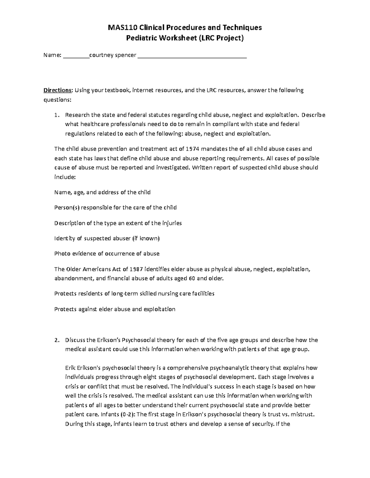 MAS110 Week 5 Pediatric Worksheet - MAS110 Clinical Procedures and ...