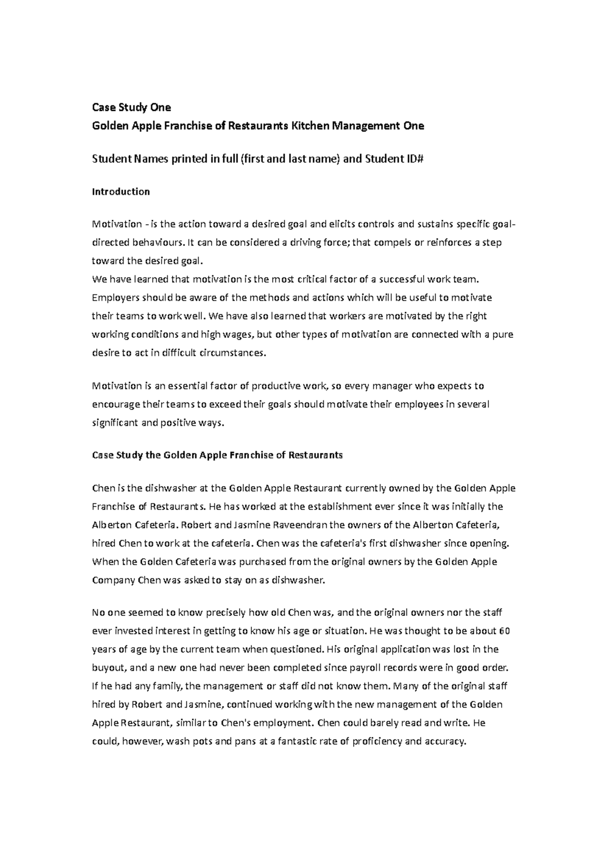 Kitchen Management Case Study One Golden Apple Restaurant - Case Study ...