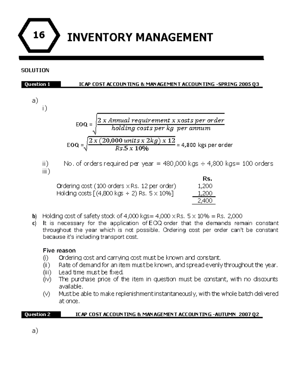 Inventory management solutions - SOLUTION Question 1 ICAP COST ...
