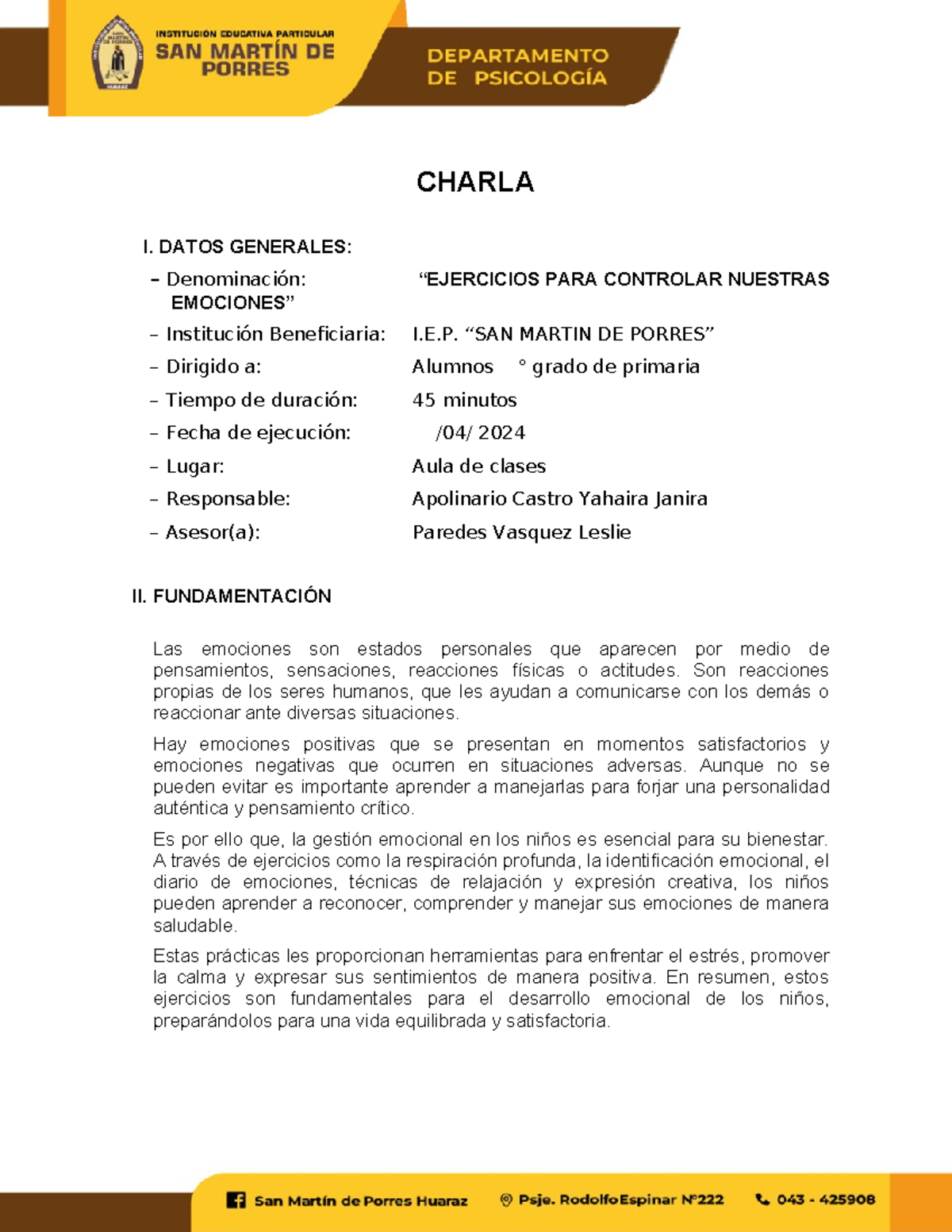 Charla 2 “ Ejercicios PARA Controlar Nuestras Emociones” - CHARLA I. DATOS GENERALES: - - Studocu