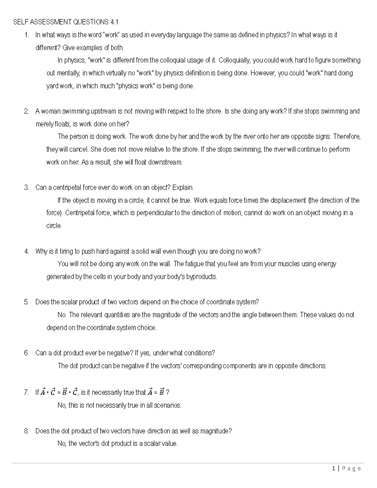 Physics Questions (Work and Force) - SELF ASSESSMENT QUESTIONS 4. In ...
