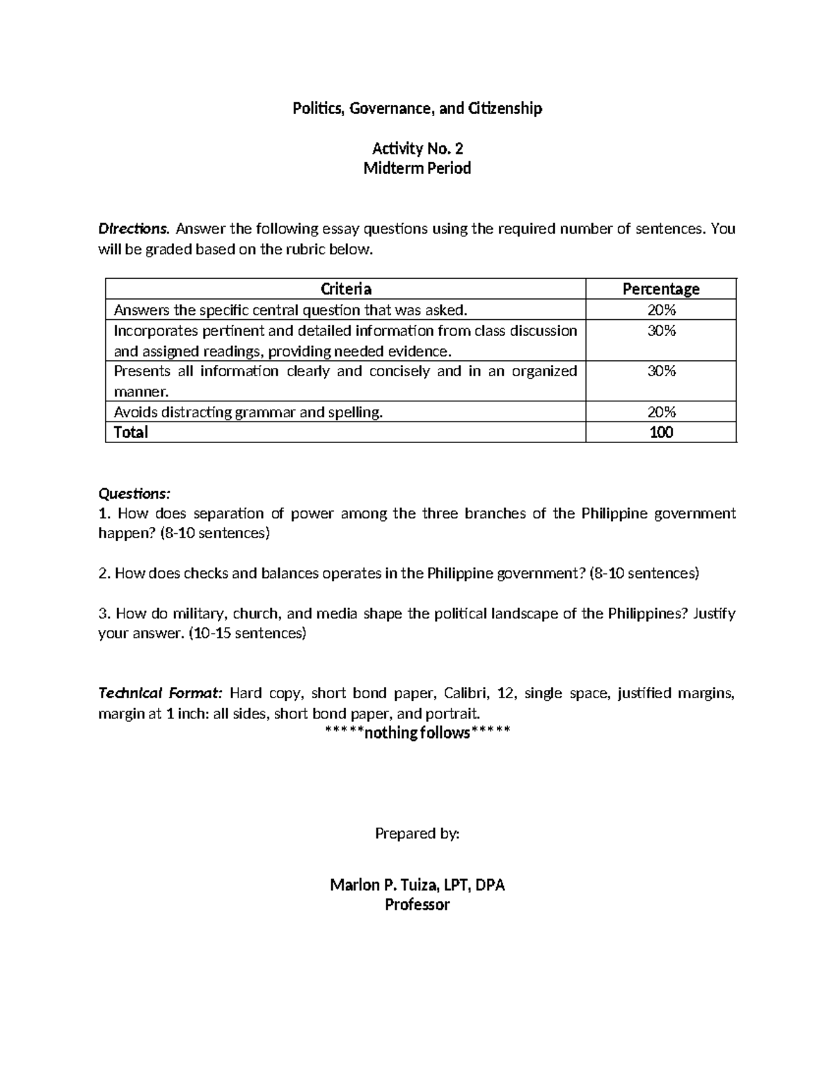 Politics Governance Citizenship Activity 2 Midterm Period - Politics ...