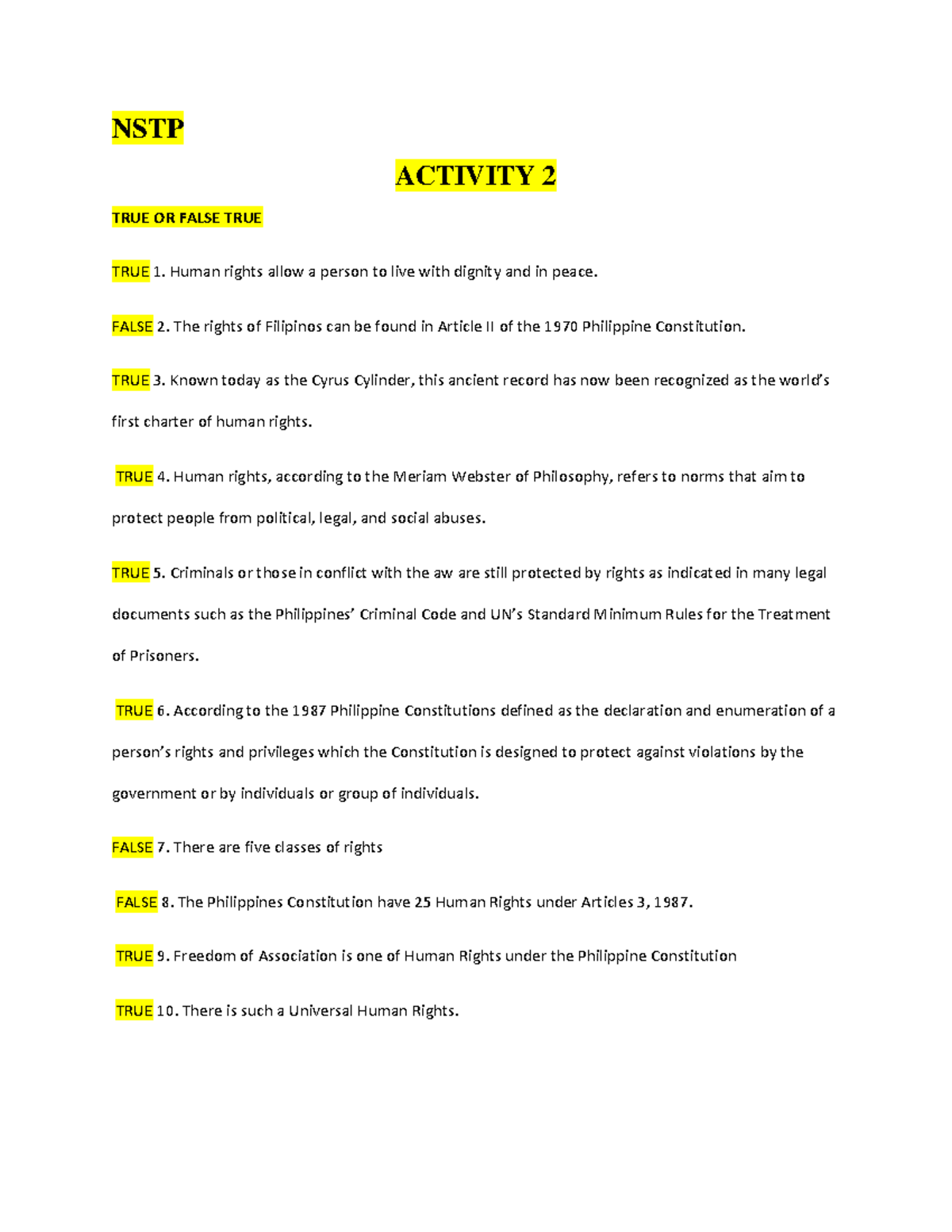 NSTP Activity 2 - TRUE OR FALSE TRUE HUMAN RIGHTS NSTP 1 - NSTP ...