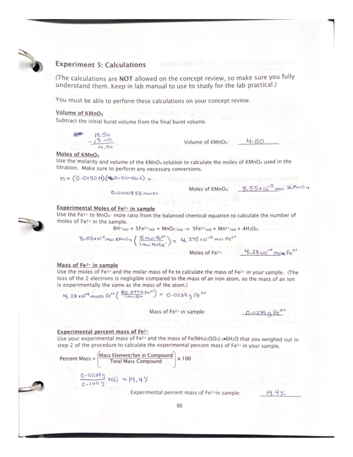 Experiment 5 Calculations - Experiment 5: Calculations (The calculations are NOT allowed on the ...