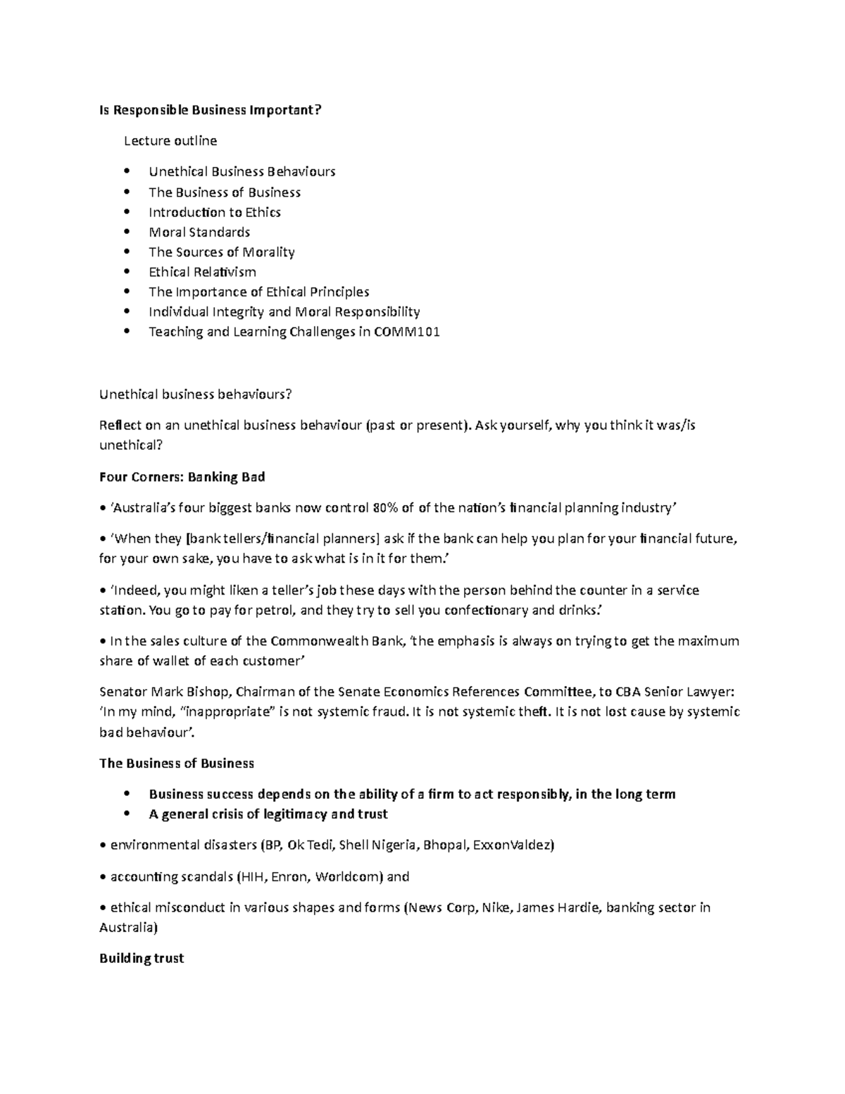 COMM101 WK 6 - Weekly tutorial lecture notes - Is Responsible Business ...