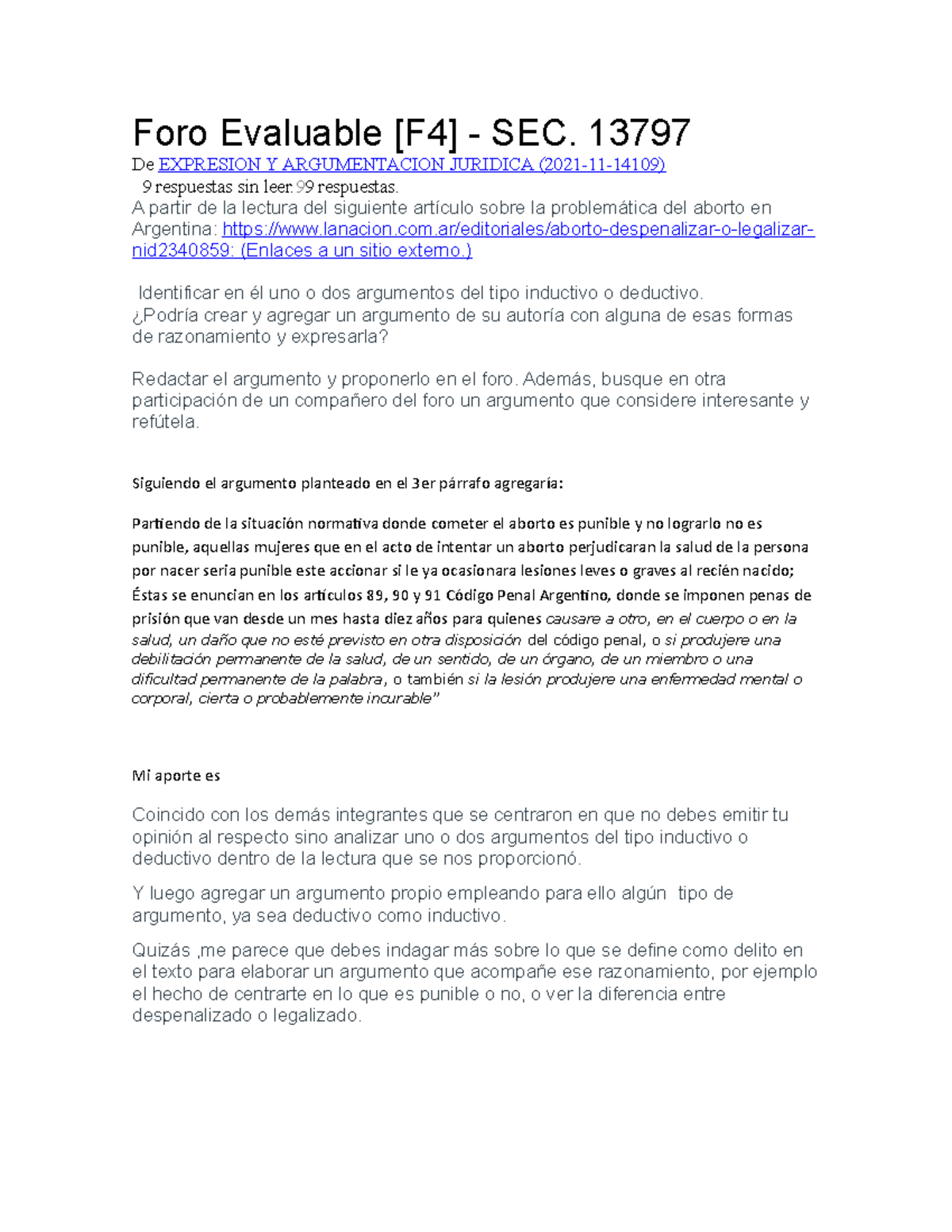 Foro evaluable 4 - Foro Evaluable [F4] - SEC. 13797 De EXPRESION Y ARGUMENTACION JURIDICA - Studocu