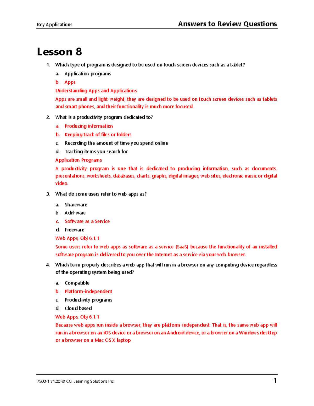 Key Applications - Answers to Review Questions - Lesson 8 Which type of ...