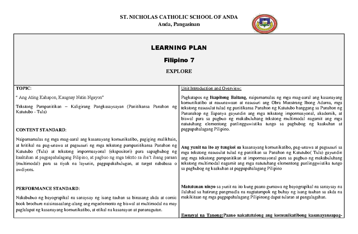Learning-Plan-Filipino-7-Q1 - ST. NICHOLAS CATHOLIC SCHOOL OF ANDA Anda ...
