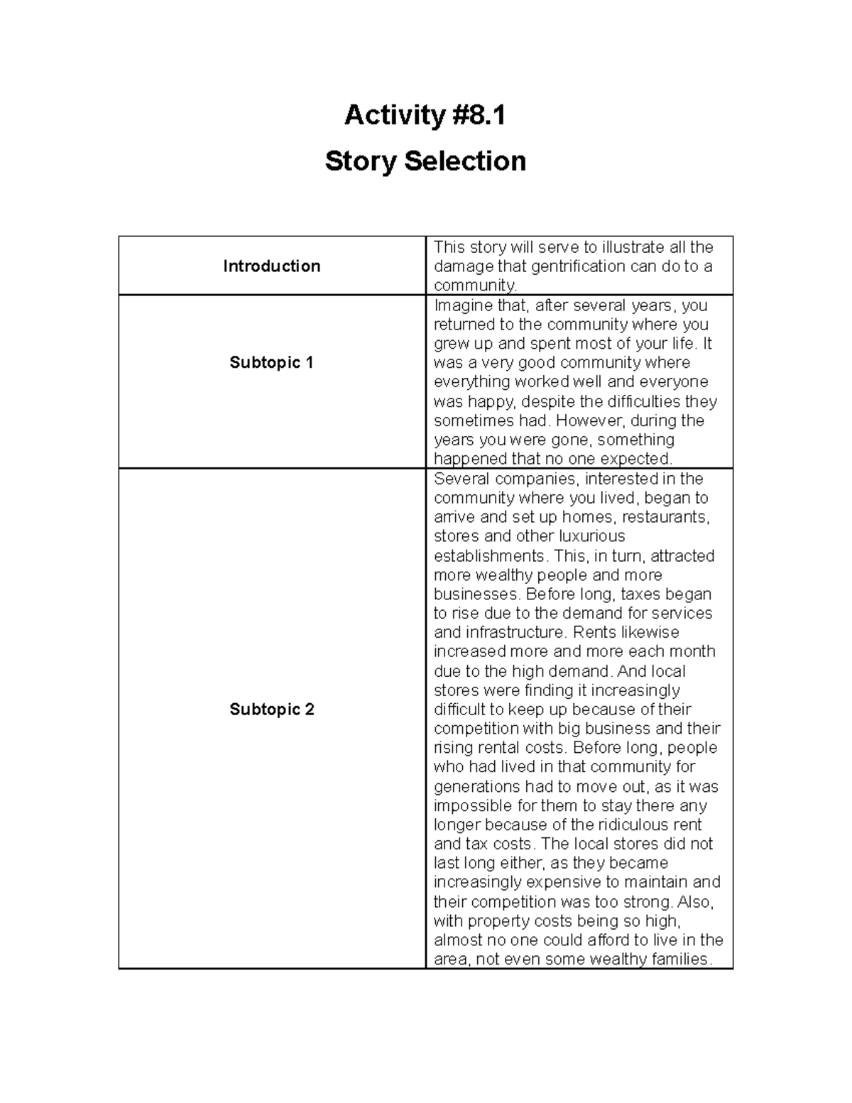 Activity #8 - vhyg - Activity #8. Story Selection Introduction This ...