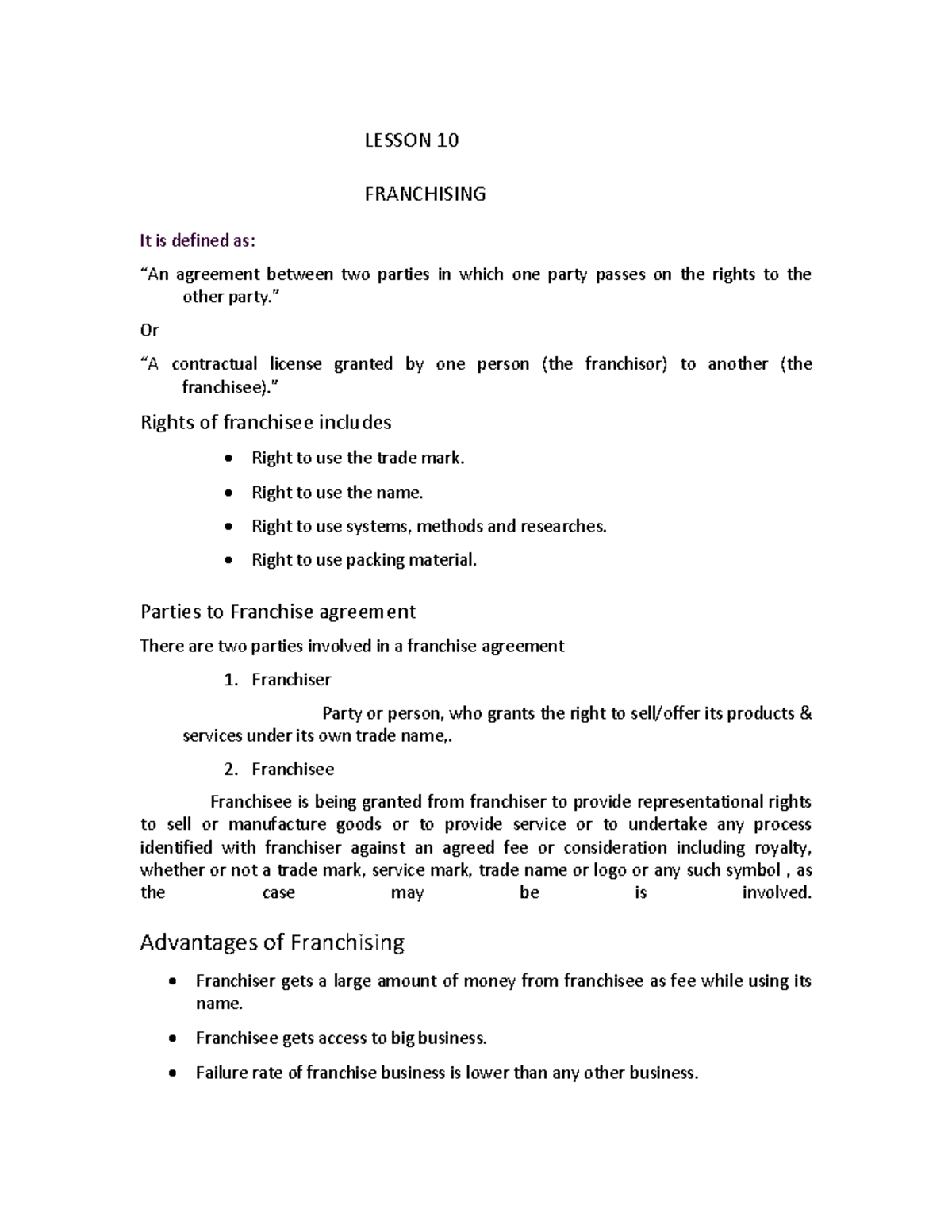 Lecture 10 - This file is latest. - LESSON 10 FRANCHISING It is defined ...