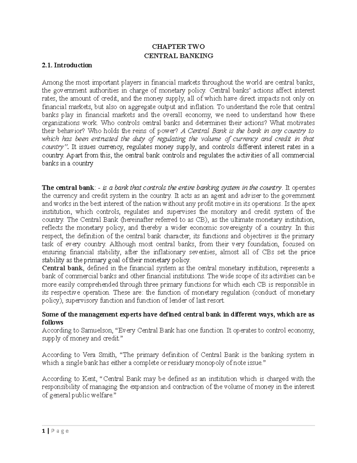 Bank chapter Two - Financial Accounting - CHAPTER TWO CENTRAL BANKING ...
