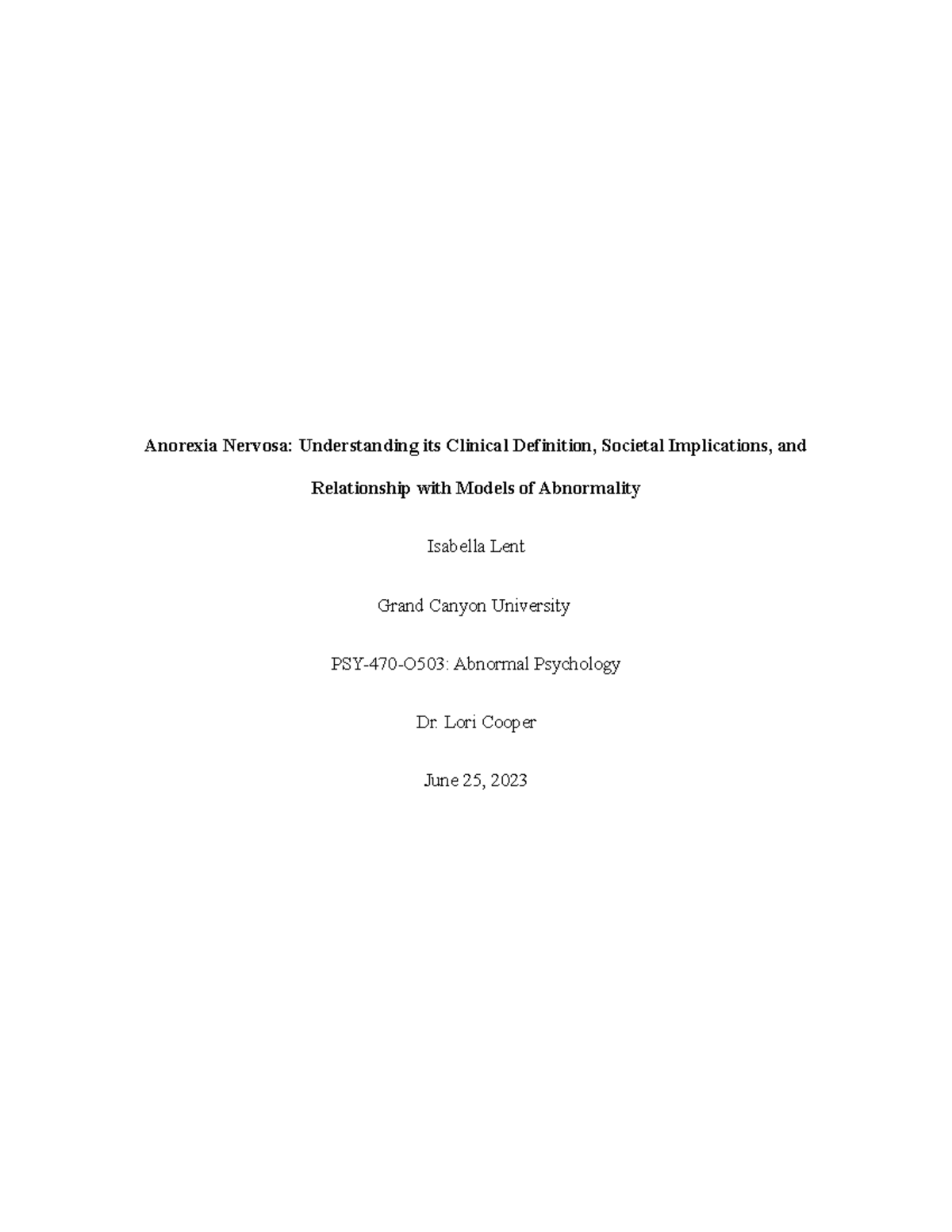 Anorexia Nervosa - Homework from class - Anorexia Nervosa ...