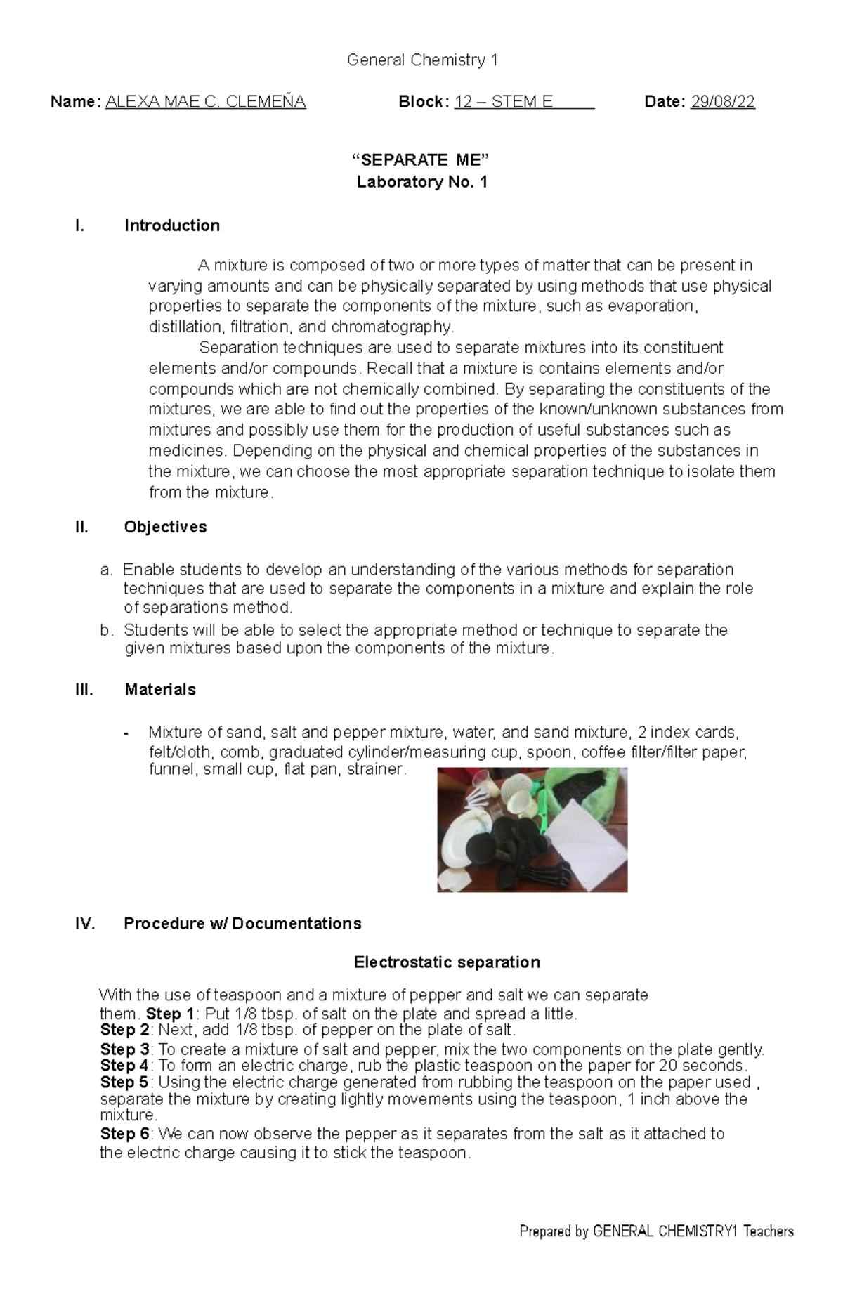 General Chemistry 1 LAB 1 alex - General Chemistry 1 Name: ALEXA MAE C. CLEME Ñ A Block: 12 ...