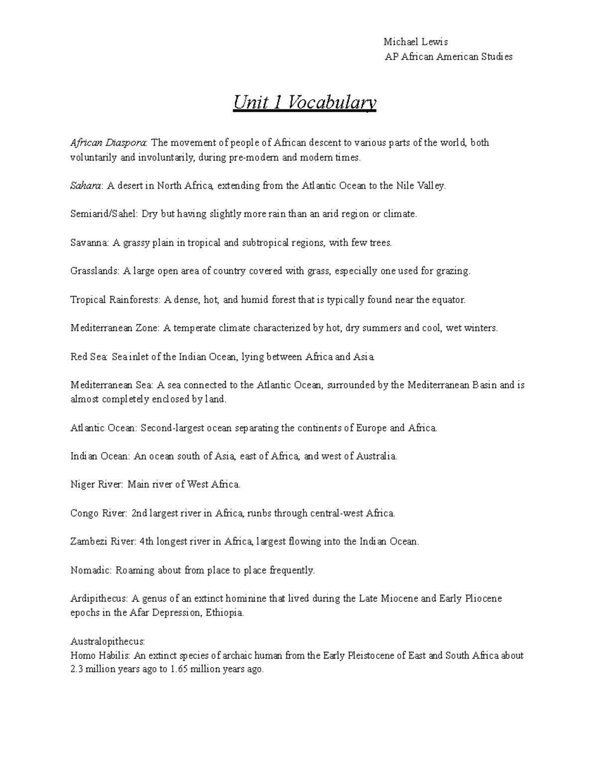 Unit 1 Vocabulary - AP African American Studies Unit 1 - AP African ...