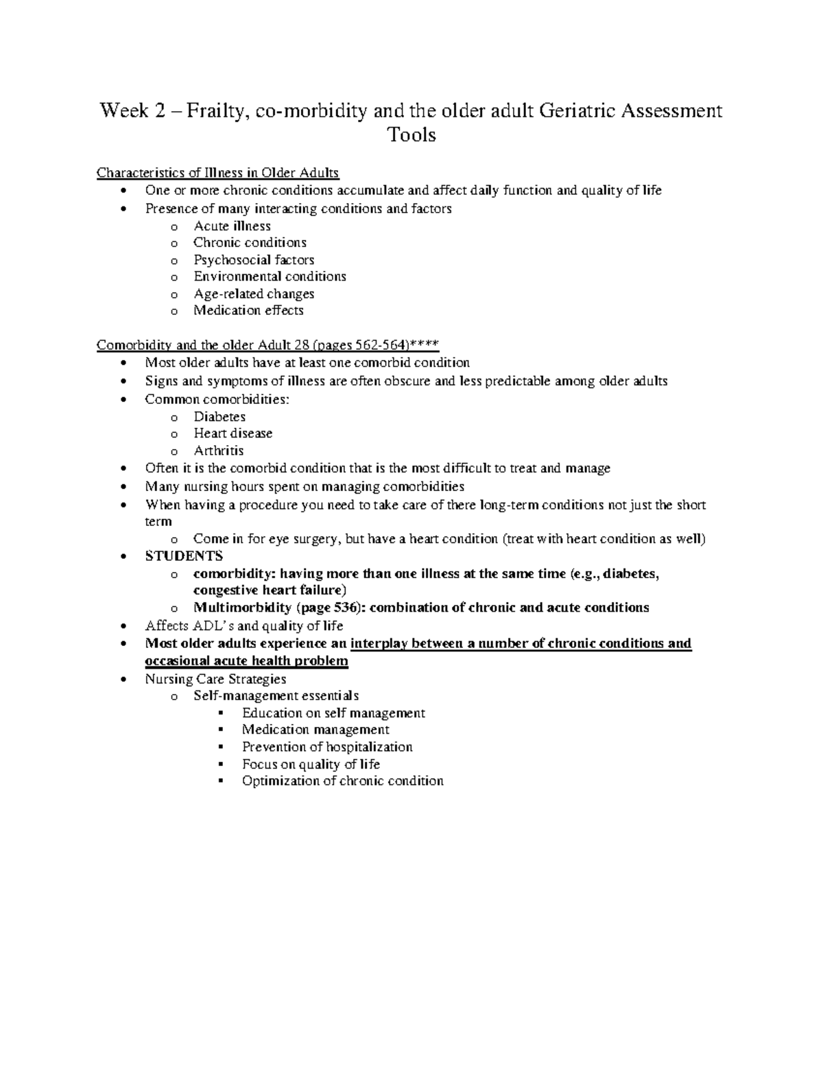 Geriatrics Week 2 - These notes cover illnesses and frailty that can ...