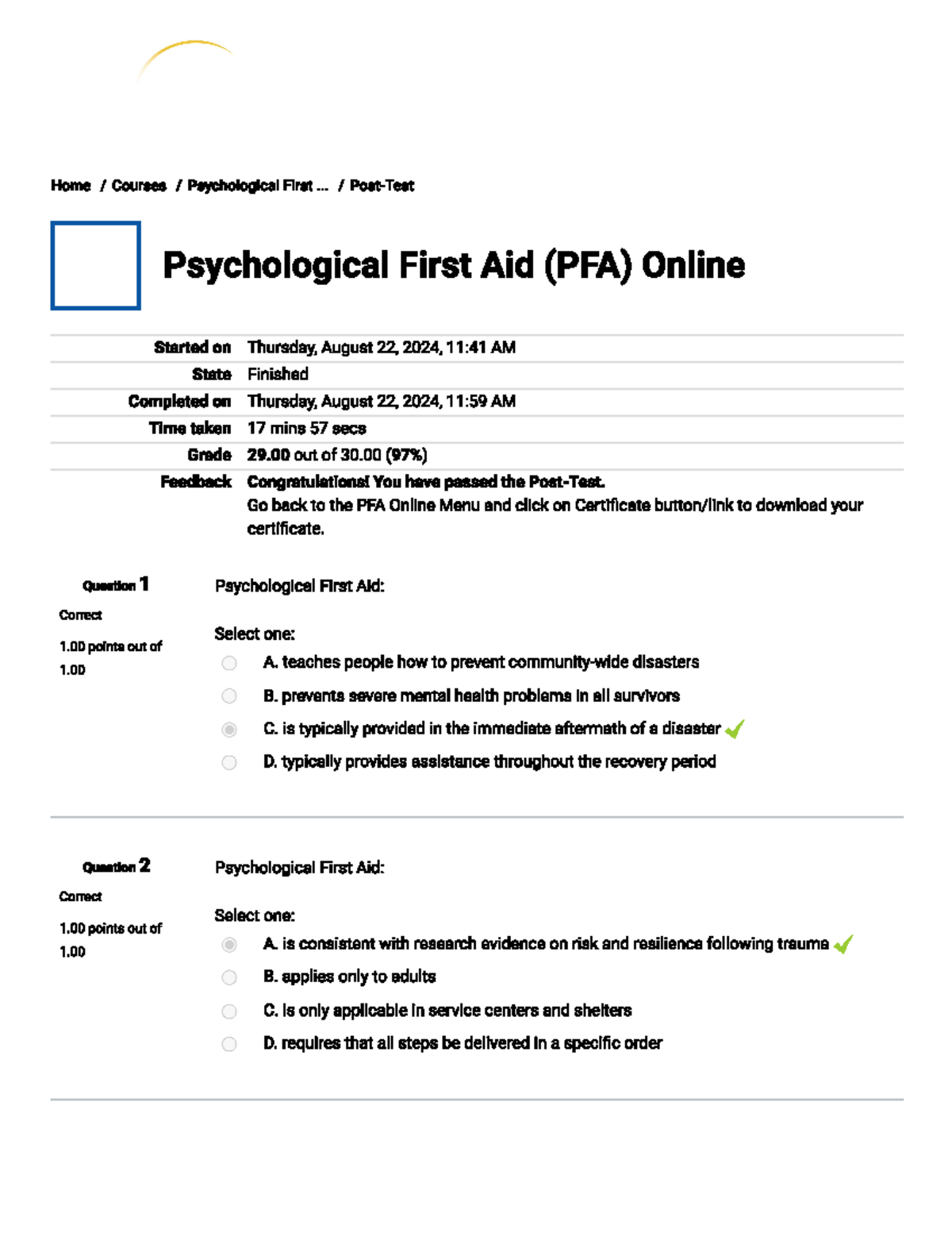 Psychological First Aid (PFA) Online Exam results 20240822 - Home ...