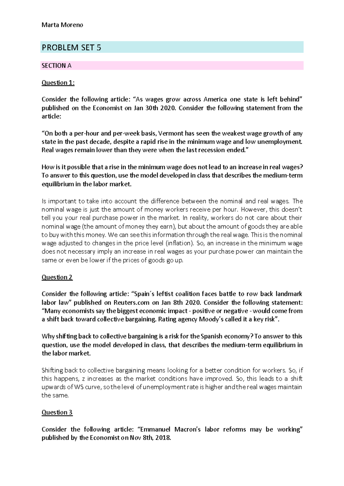 Problem Set 5 Intro To Macro Problem Set 5 Section A Question 1 CoŶsider The FolloǁiŶg