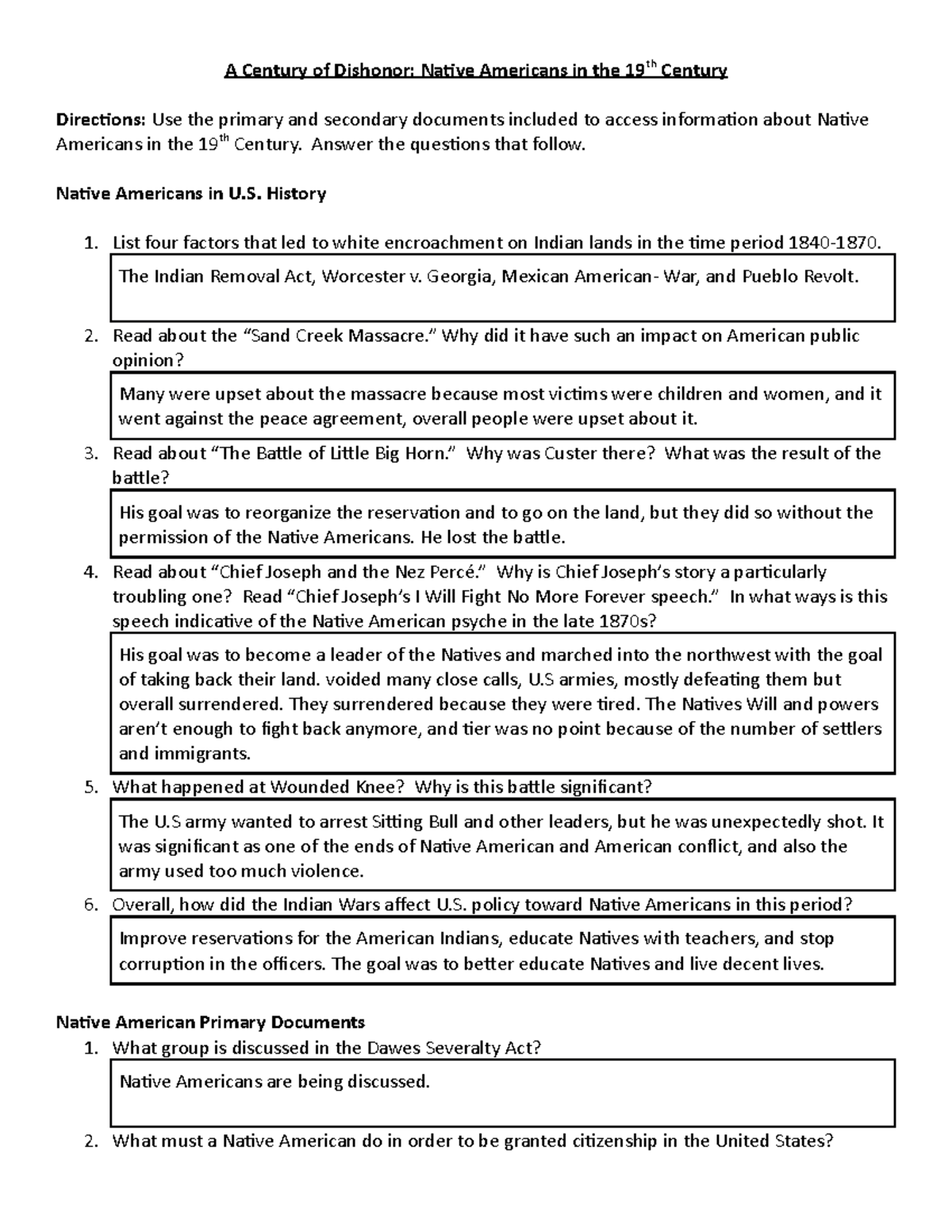 Plight of the Native Americans Activity - student answers - A Century ...