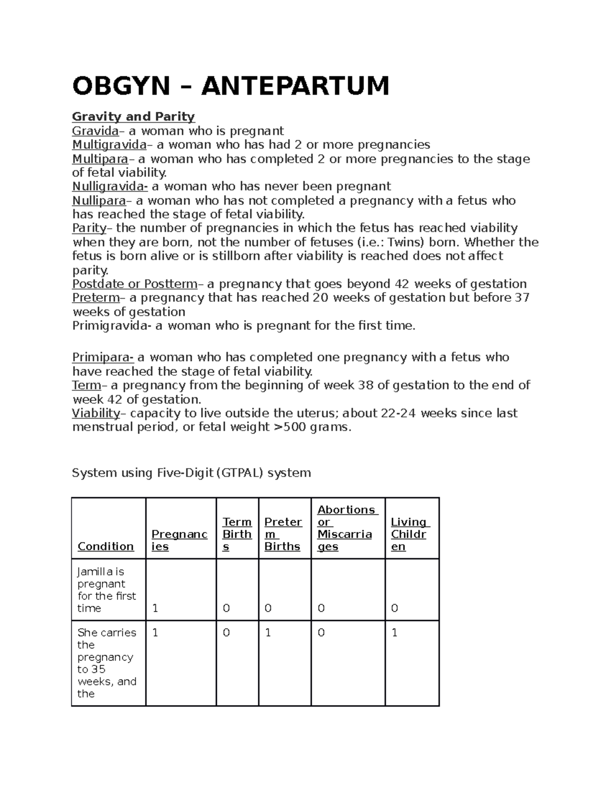 Obgyn Postpartum - notes - OBGYN – ANTEPARTUM Gravity and Parity ...