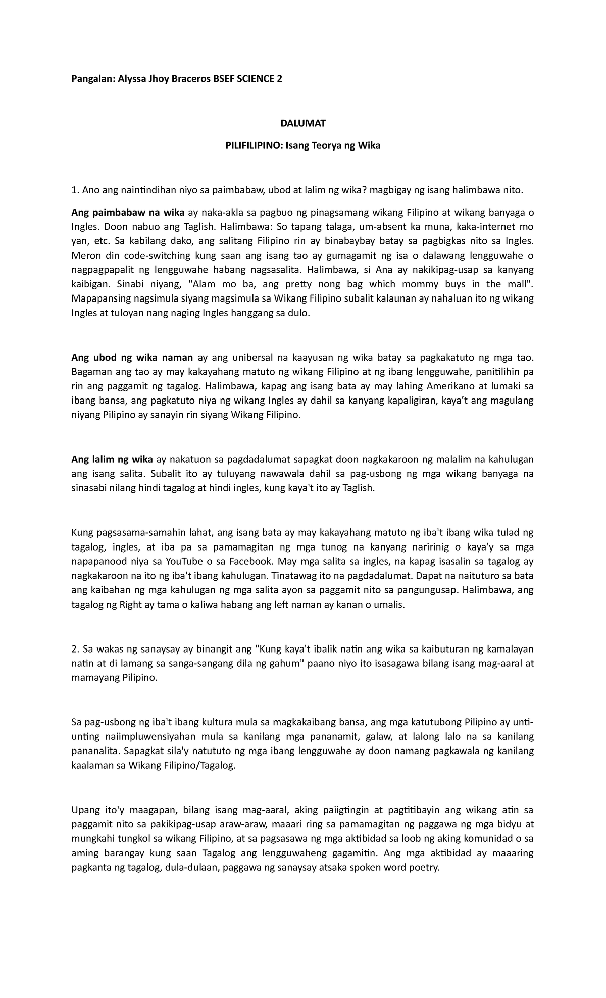 Pilifilipino (Isang Teorya ng Wika) - Pangalan: Alyssa Jhoy Braceros ...