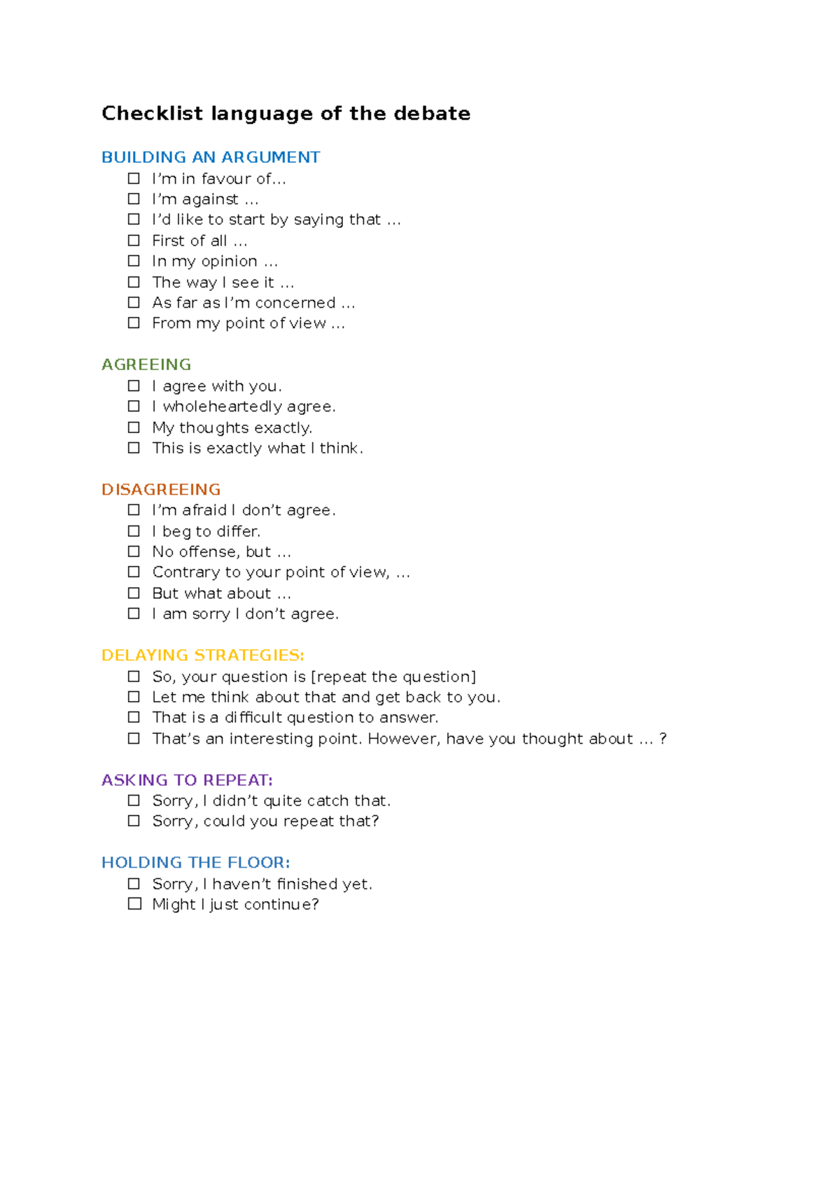 Checklist language of the debate - Checklist language of the debate ...