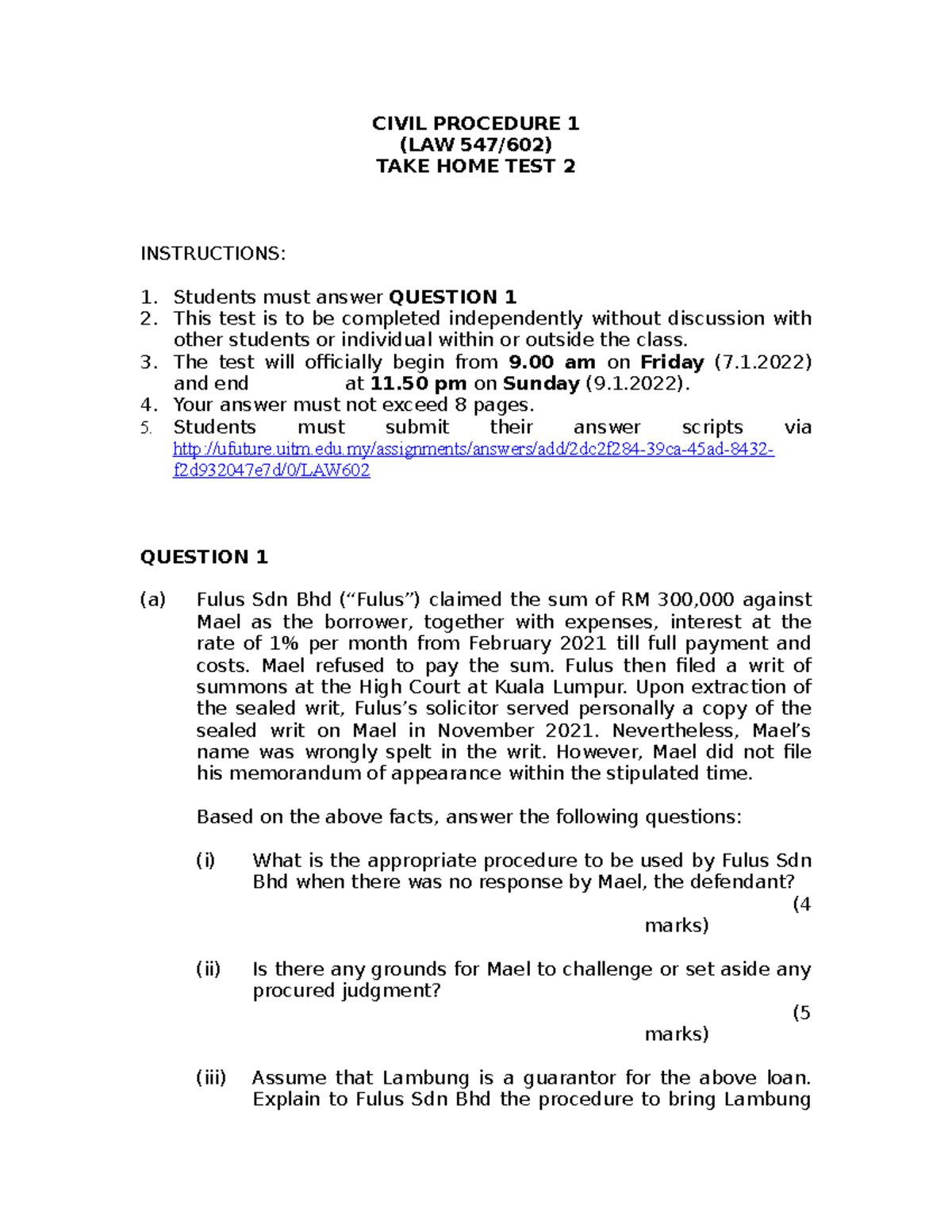 Take home test 2 (LAW602 547)(Jan2022) - CIVIL PROCEDURE 1 (LAW 547/602 ...