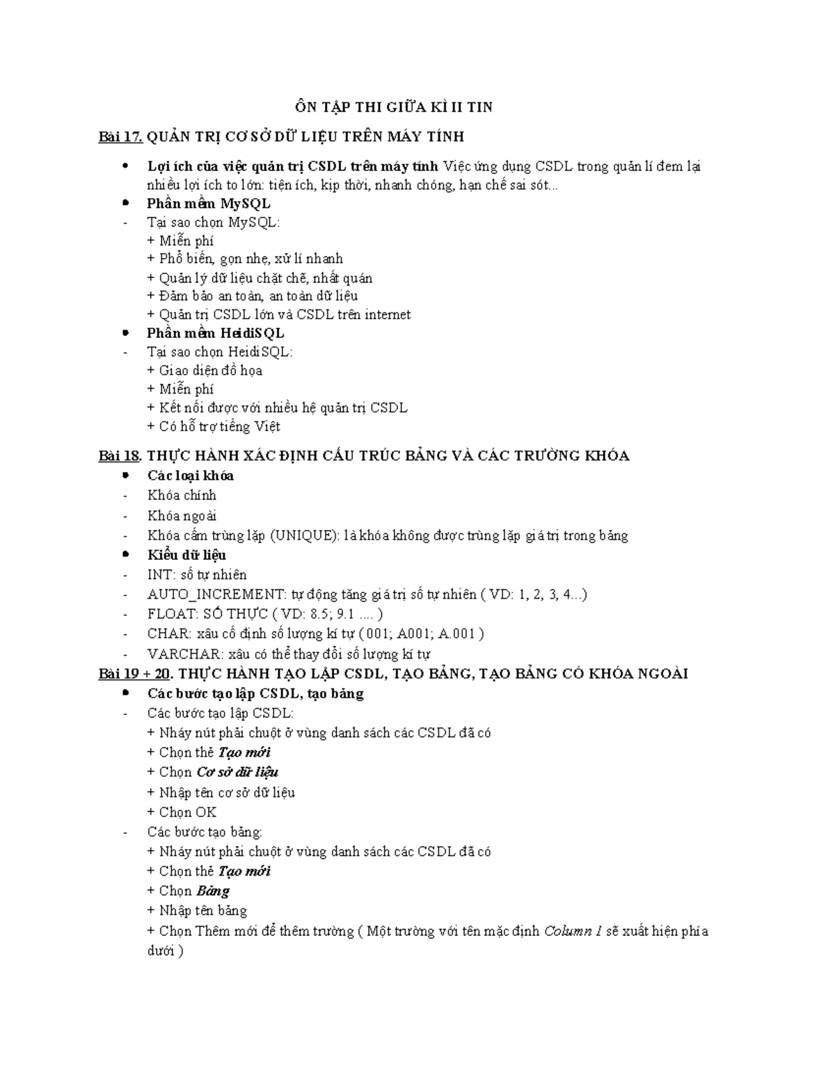 Tin-GK-2 - dsdawdfadcdfs - ÔN TẬP THI GIỮA KÌ II TIN Bài 17. QUẢN TRỊ CƠ SỞ DỮ LIỆU TRÊN MÁY ...