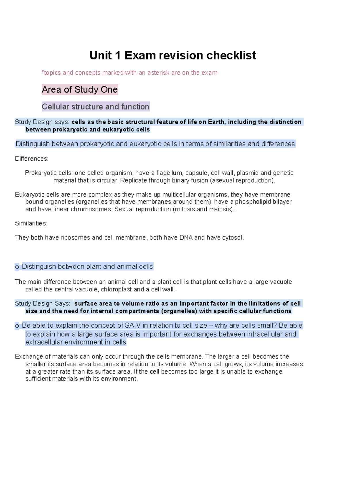 Unit 1 Exam revision checklist - Unit 1 Exam revision checklist *topics and concepts marked with ...