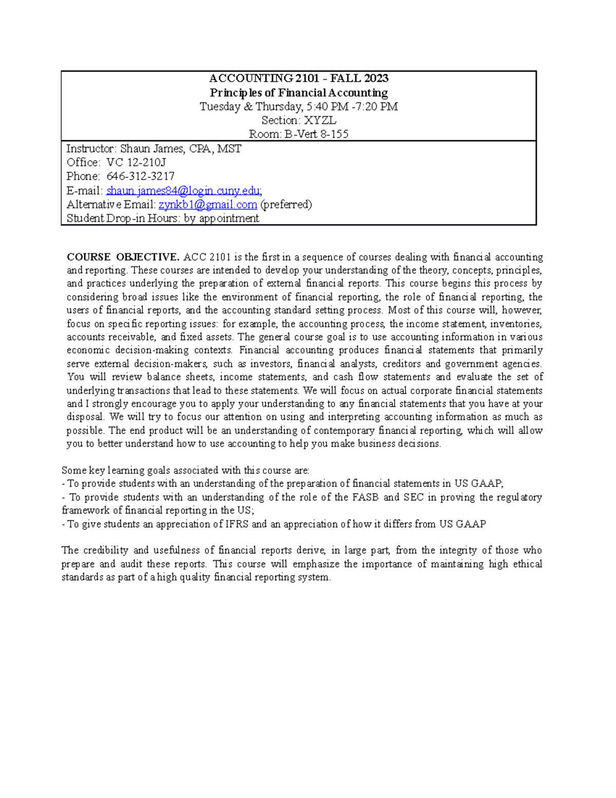 XYZL - ACC 2101 Syllabus Fall-2023 - ACCOUNTING 2101 - FALL 2023 ...