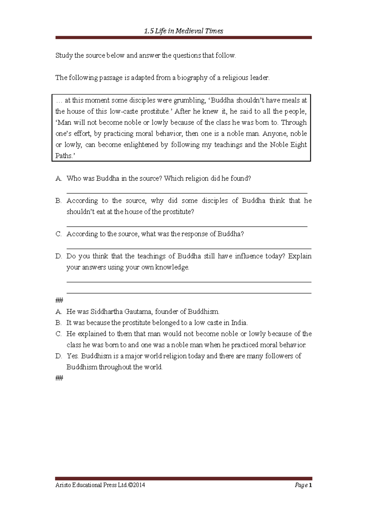 1.5 Life in Medieval Times - 1 Life in Medieval Times Study the source ...