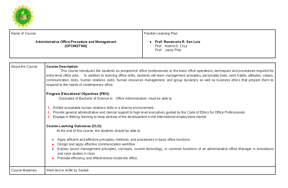 Copy of Administrative Office Management Flexible Course PLAN 1 - Name ...