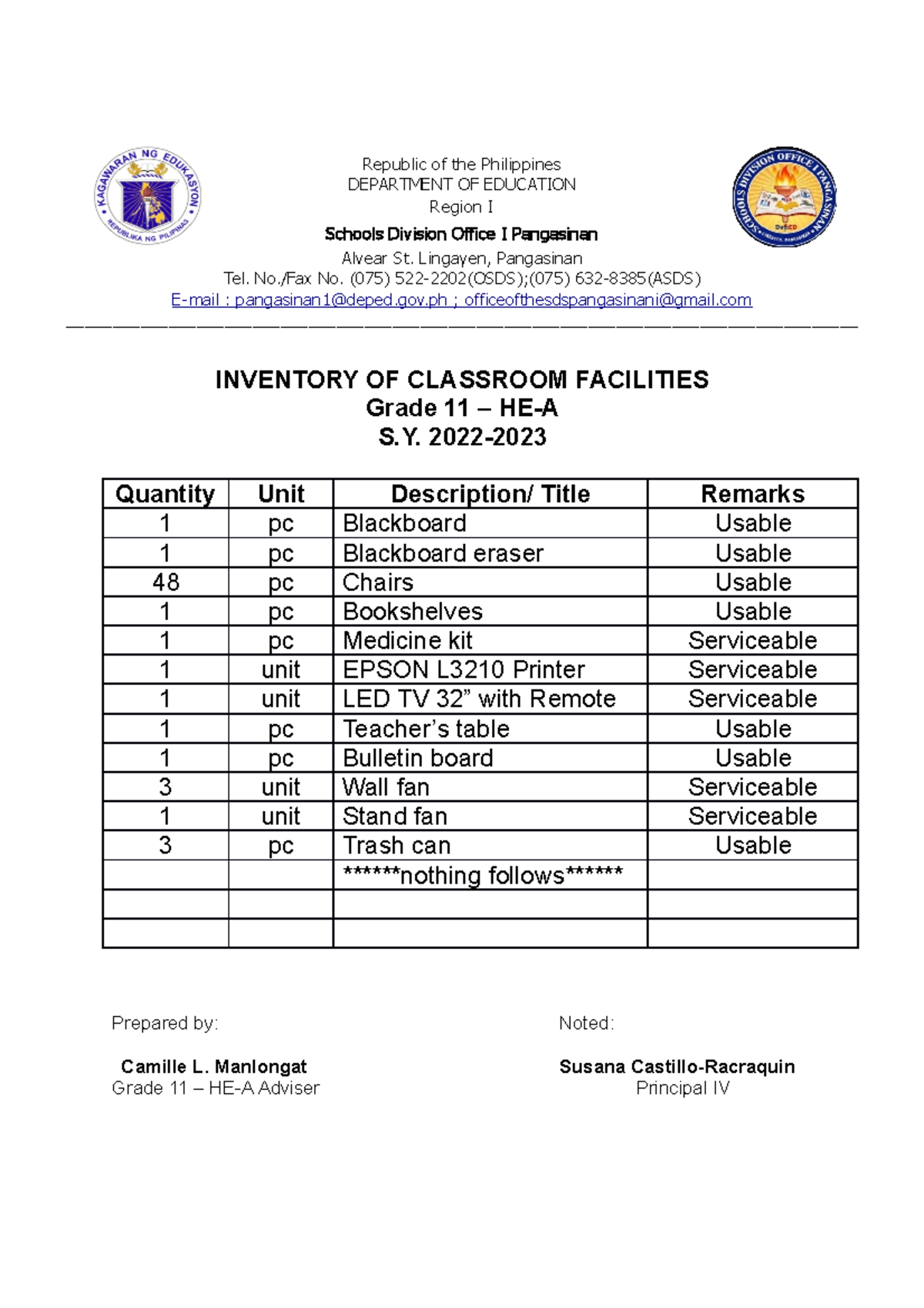 Classroom-Inventory - Classroom Inventory - Republic of the Philippines ...