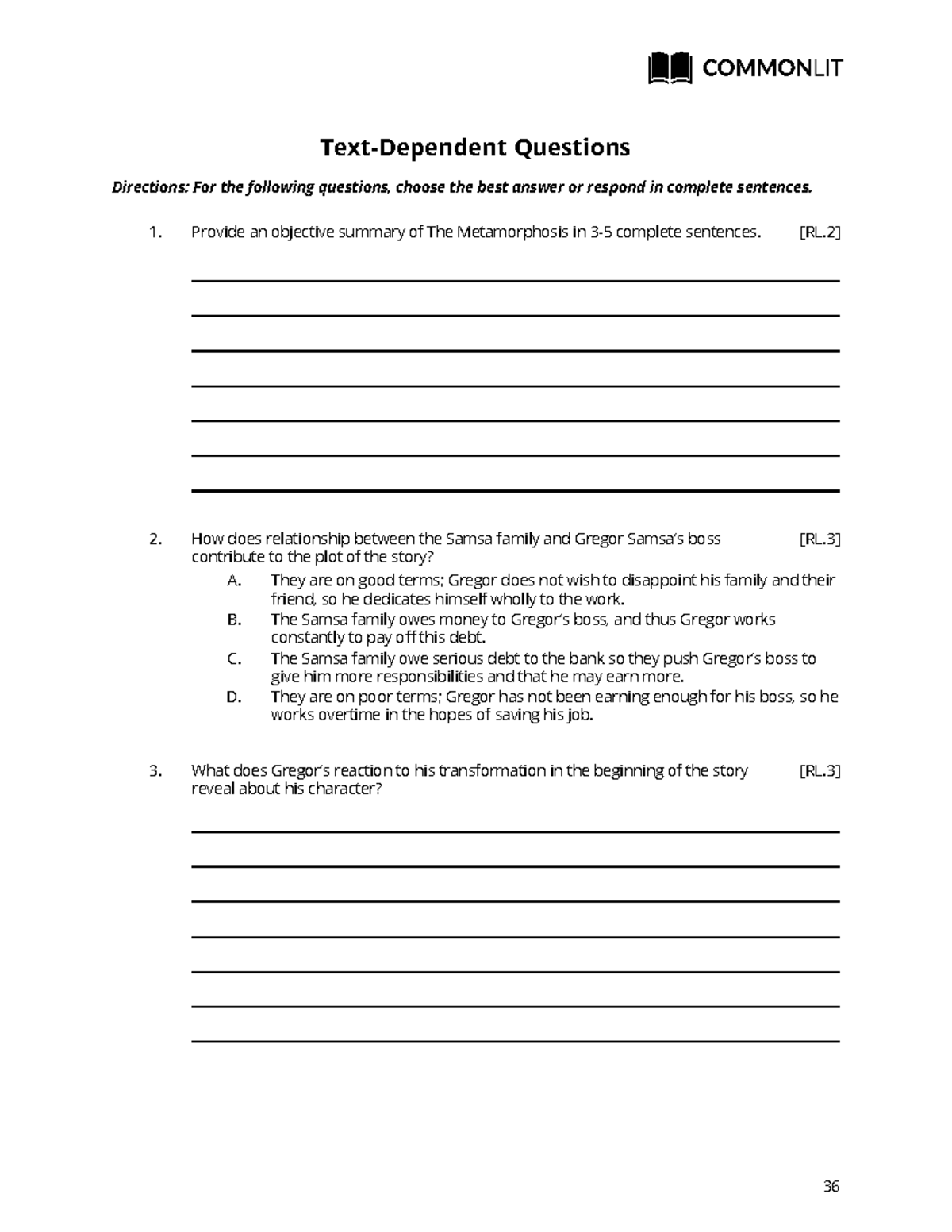 The Metamorphosis CL Questions - [RL] [RL] [RL] Text-Dependent ...