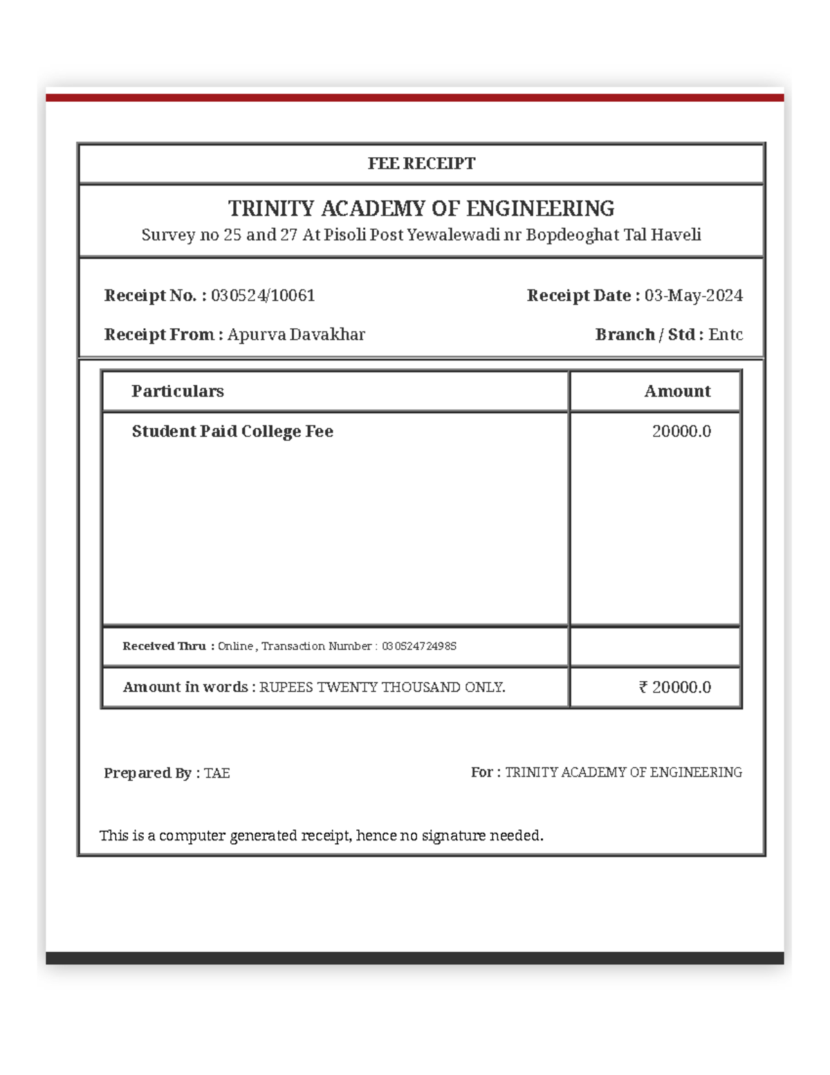 Tae college fees 20k - Study material - Receipt No. : 030524/10061 ...
